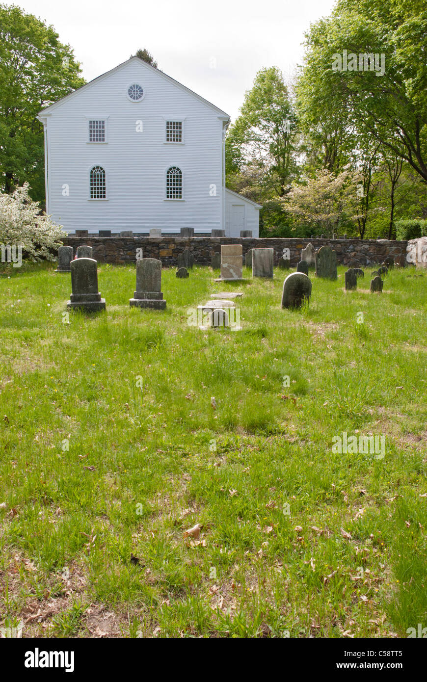 An old church in Wickford, Rhode Island is surrounded by graveyards ...