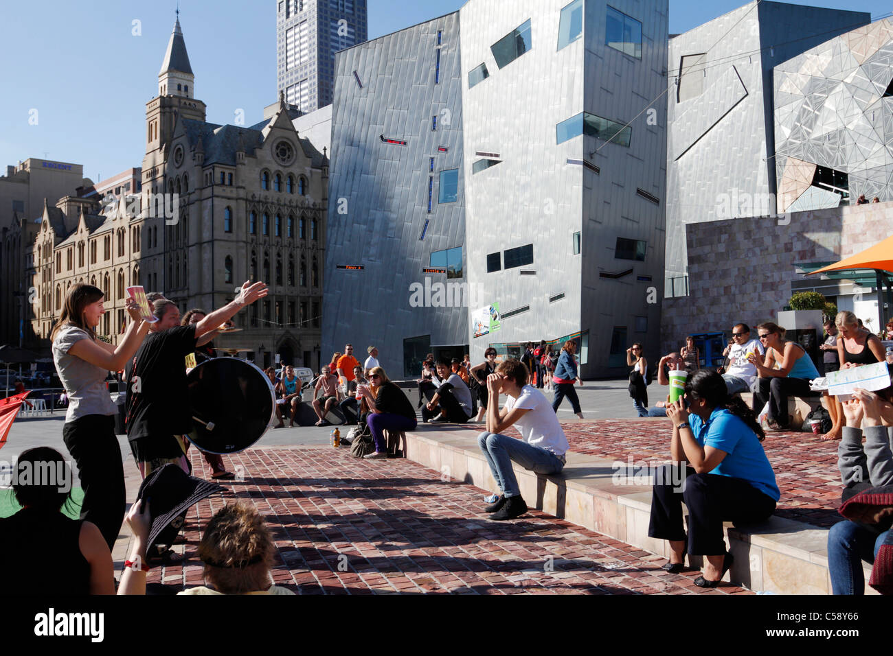 Musicians performing at Federation Square in Melbourne, Australia Stock ...