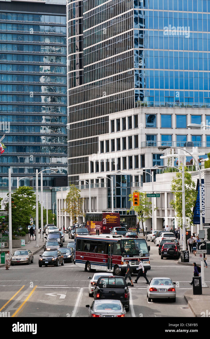 A high angle view of a downtown Vancouver Canada street scene, car ...