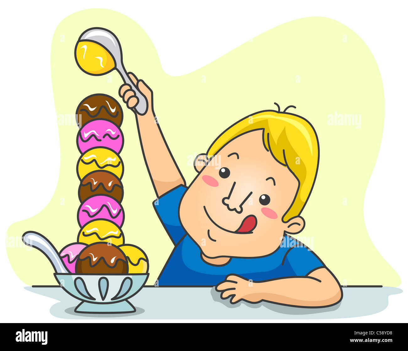 A Kid Playfully Stacking Ice Cream Scoops on His Bowl Stock Photo - Alamy
