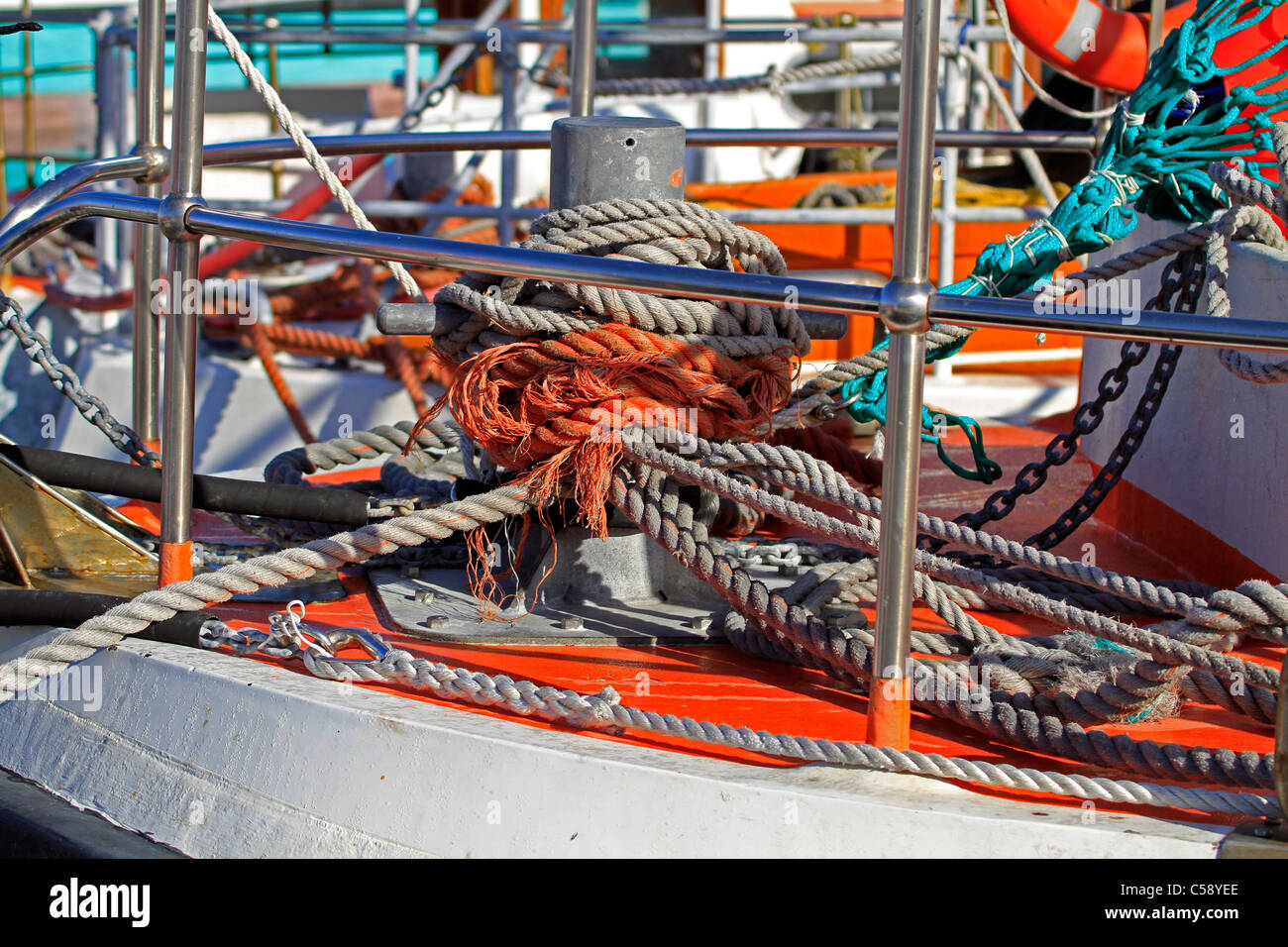 Tangled ropes on a boat in Hout Bay Harbour near Cape Town, South ...