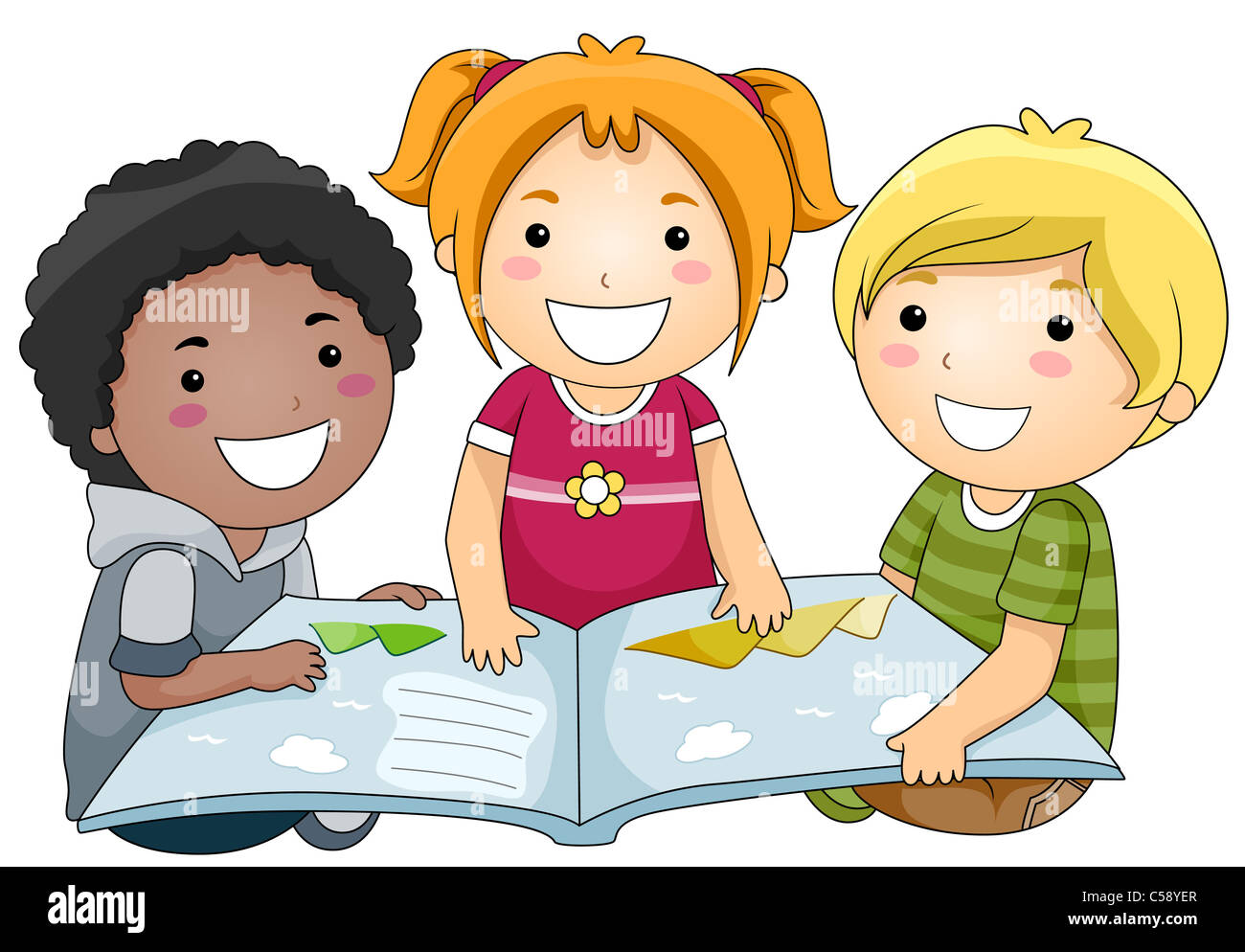 A Small Group of Kids Reading a Book Stock Photo - Alamy
