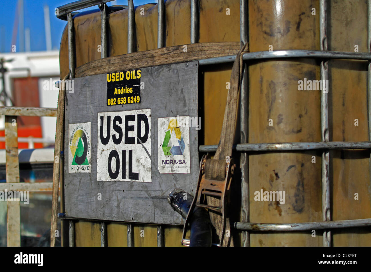 Container used for recycling used oil at Hout Bay Harbour near Cape ...