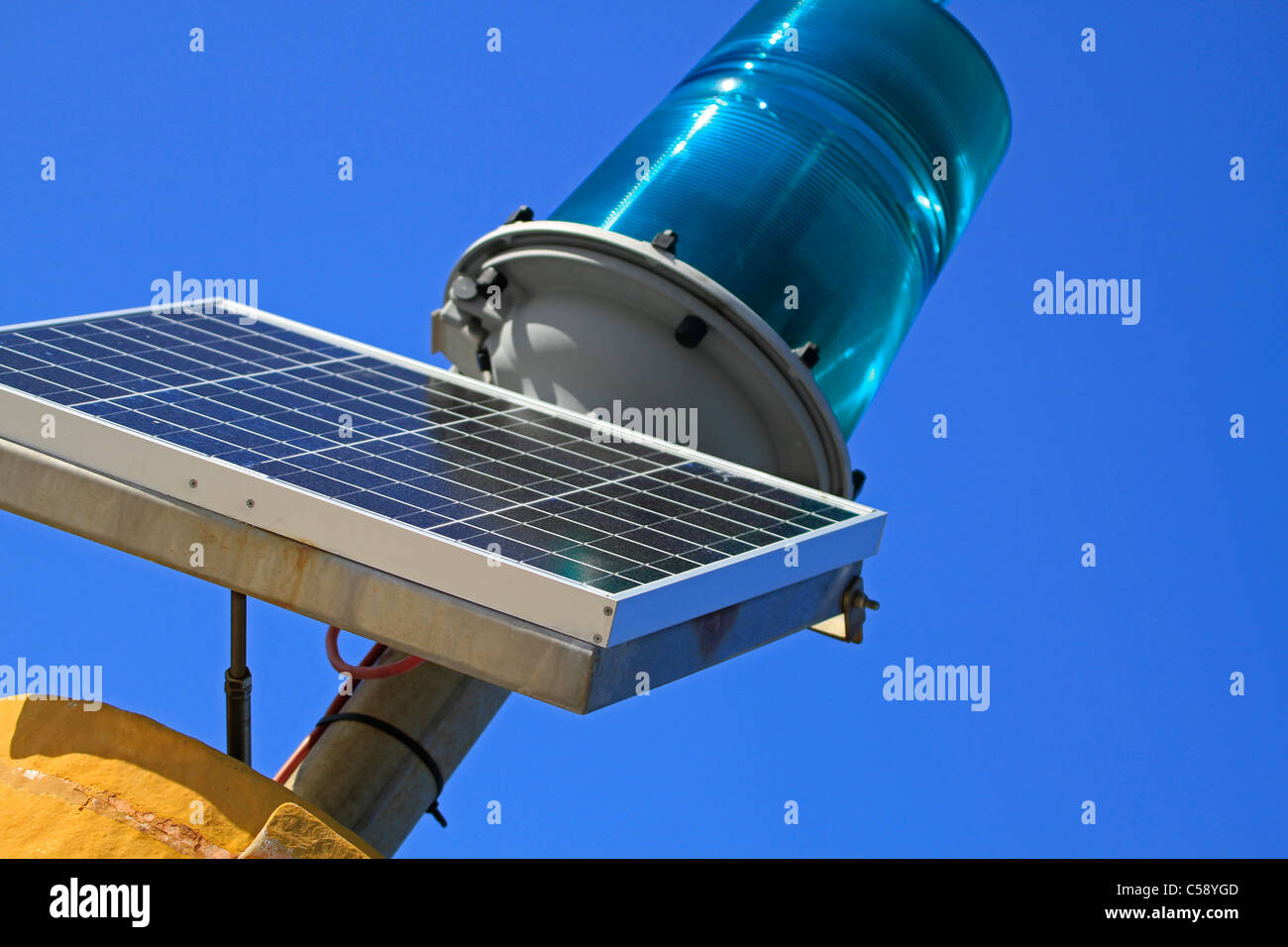 Solar powered beacon at Hout Bay Harbour pier, Western Cape Province ...