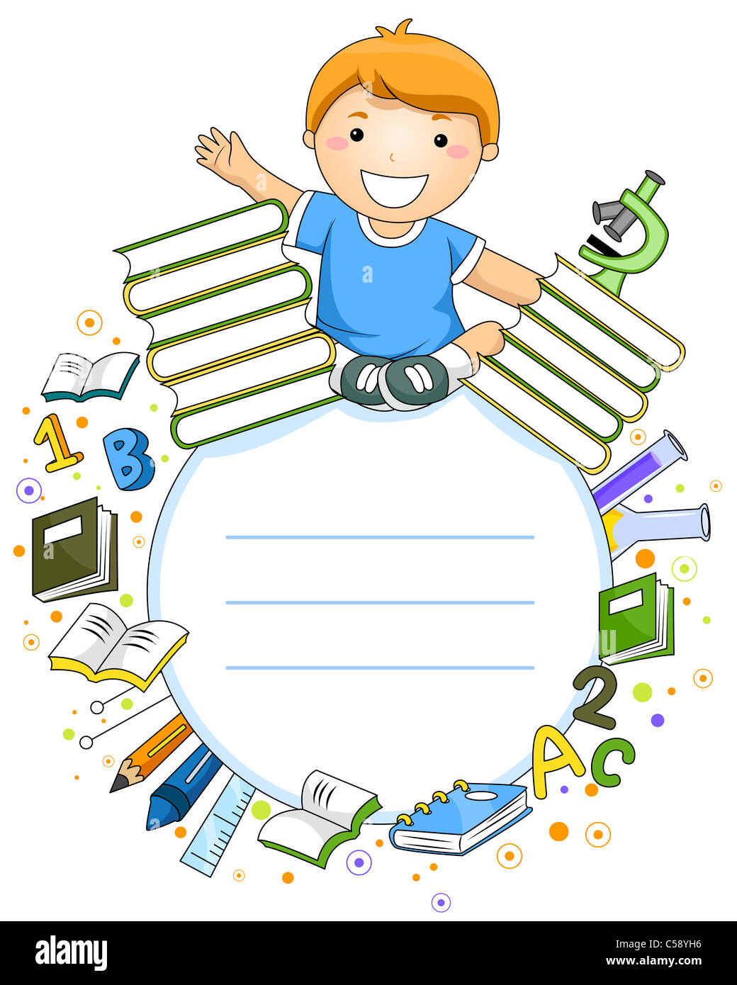 A Smiling Boy Surrounded by Various Educational Materials Stock Photo ...