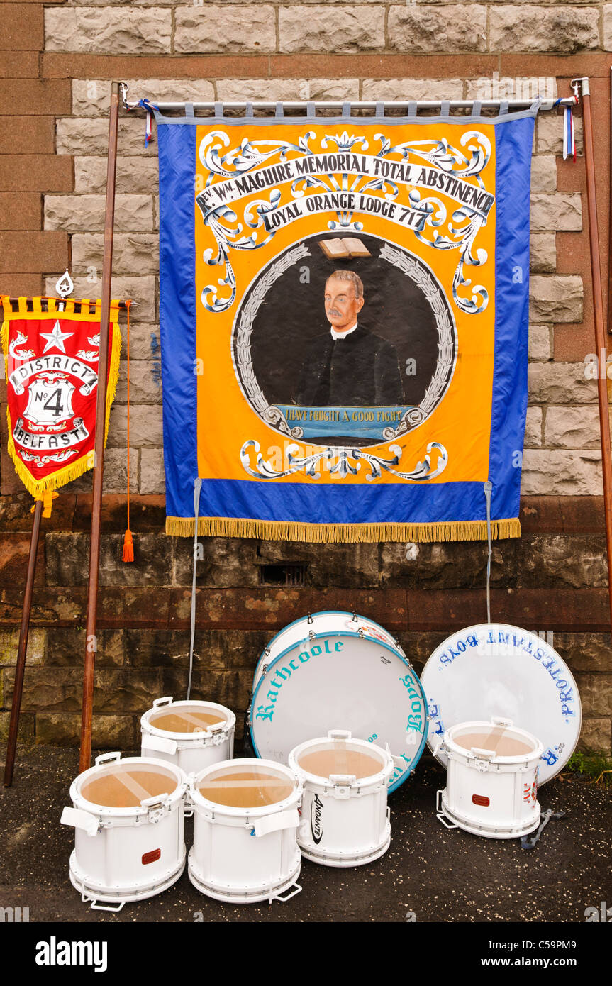 Banner for Belfast District No. 4 and drums at 12th July Orange Order ...