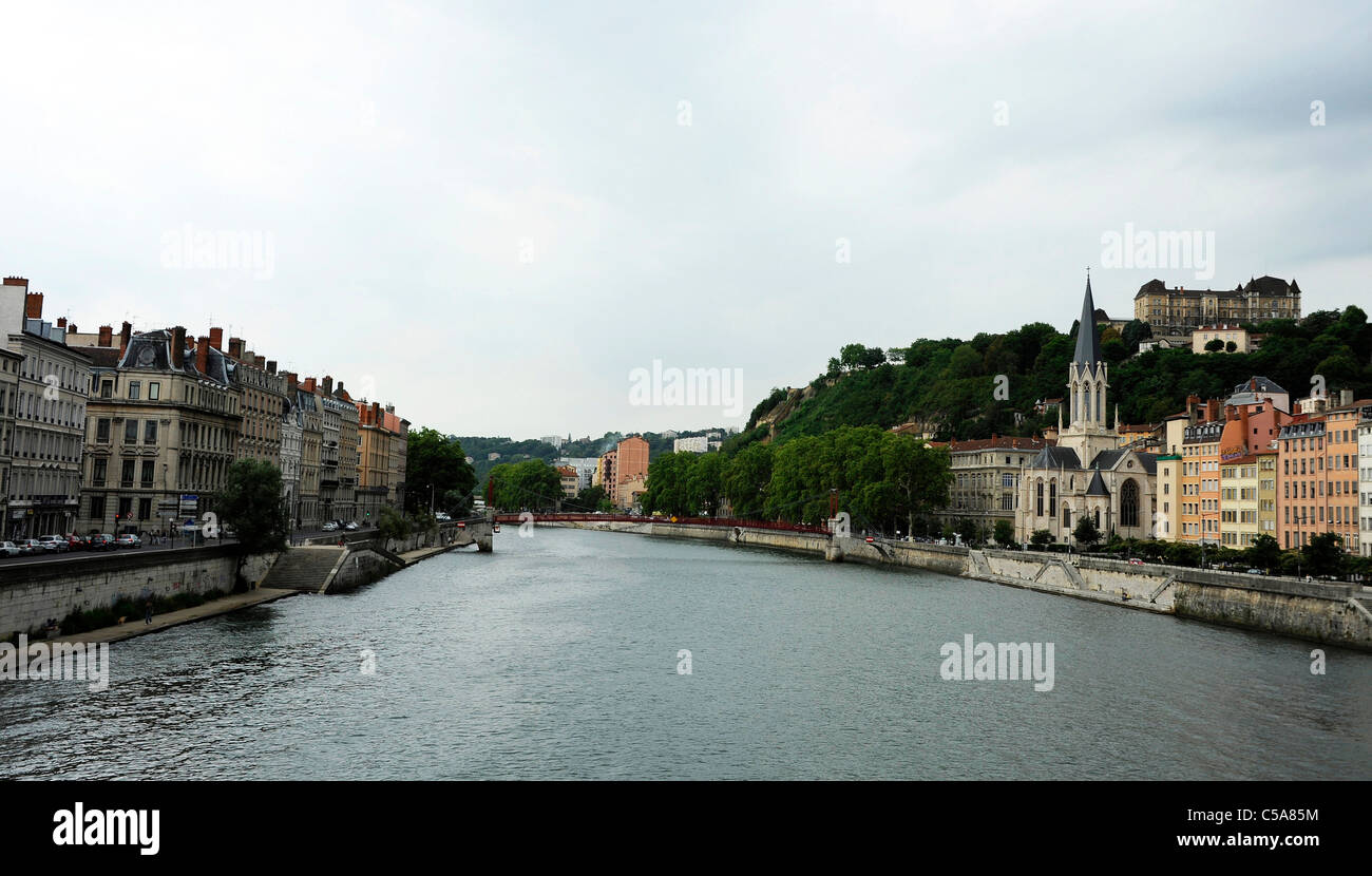 Buildings along both sides of the Saone River. Lyon, France Stock Photo ...