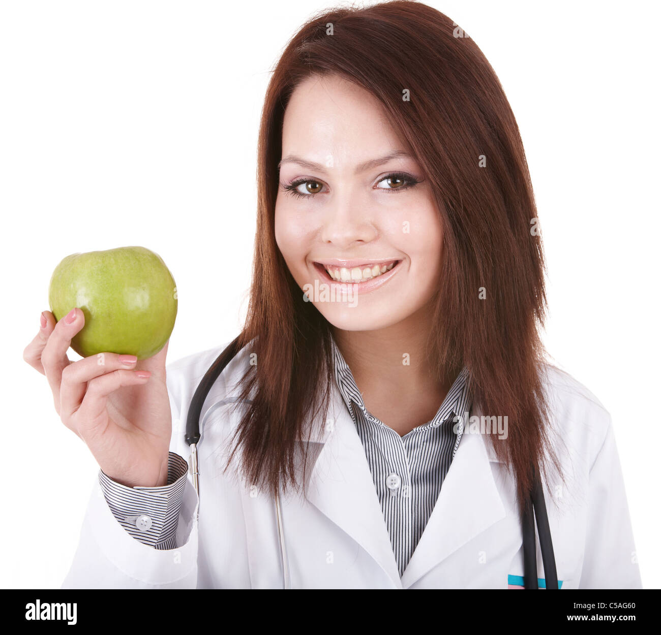 Doctor woman with stethoscope, holding green apple. Medicine concept ...