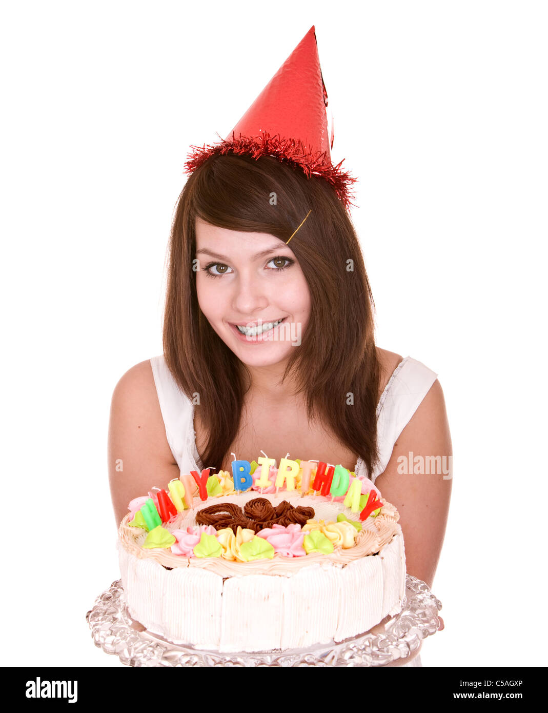 Happy girl in party hat with hat Stock Photo - Alamy