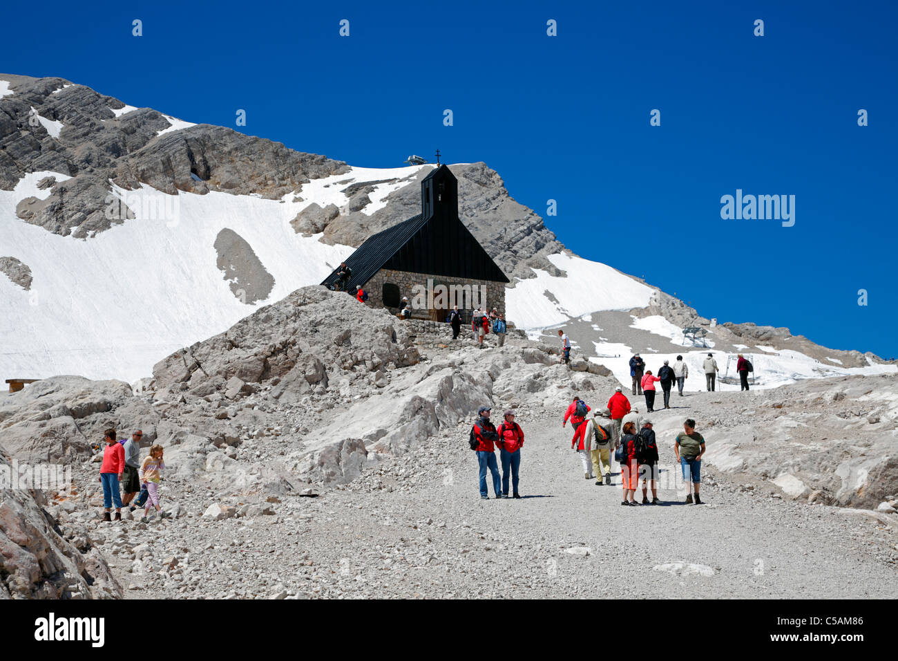 The mountain chapel on Zugspitze at the Zugspitzplatt plateau on a ...