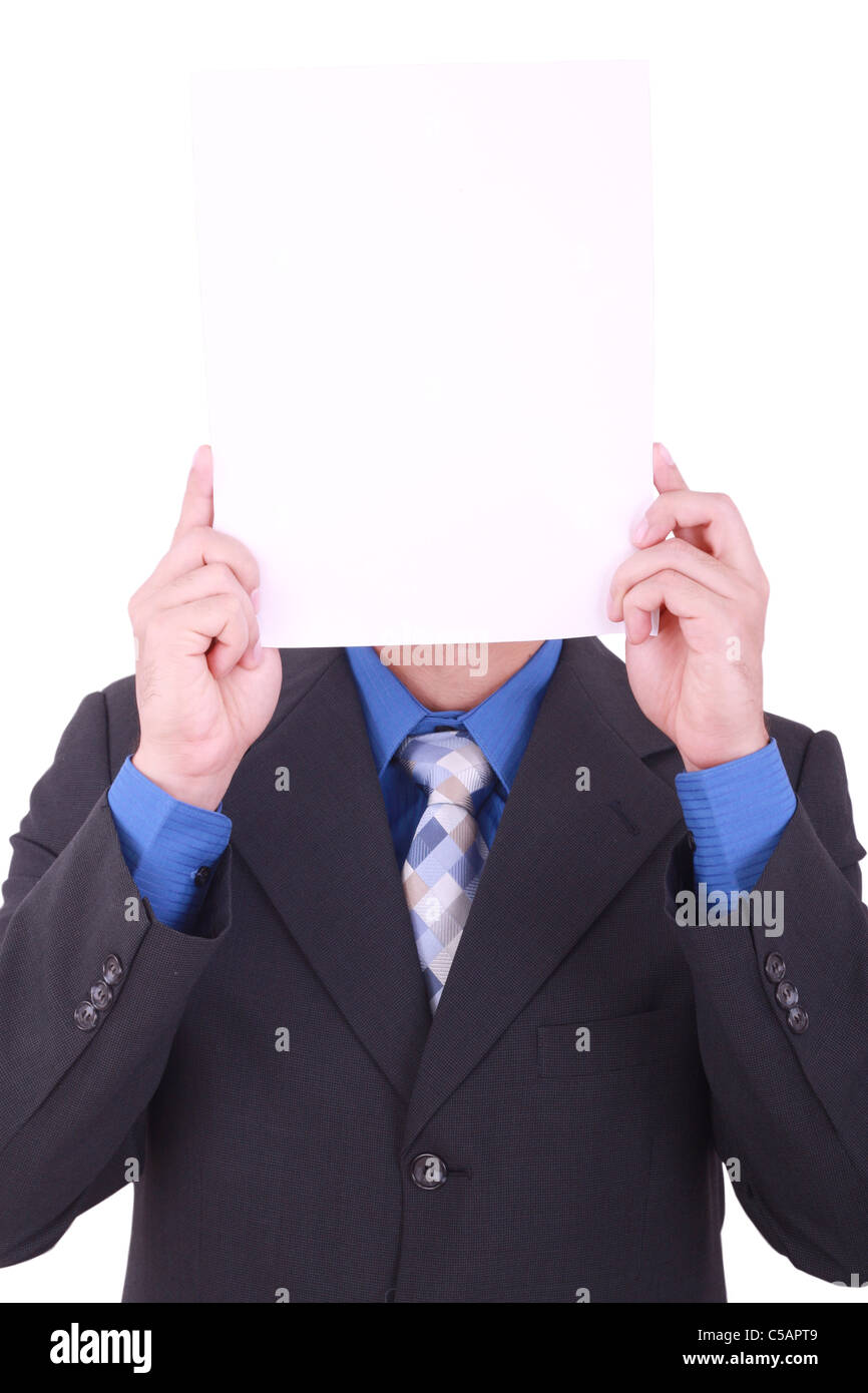 A businessman with a blank paper in his face isolated on white Stock ...