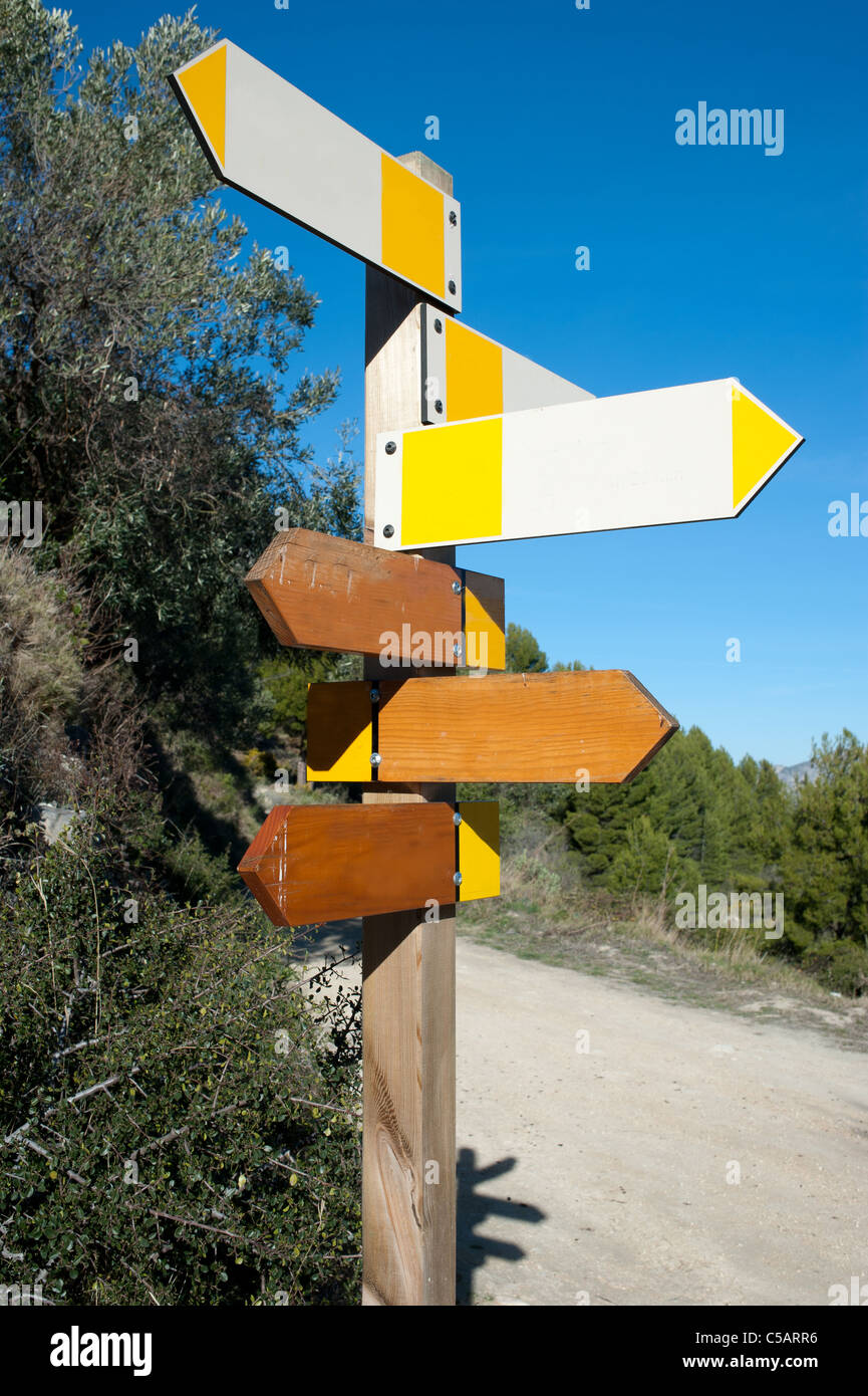 Wooden hiking trail signpost with multiple directions, signs empty for ...