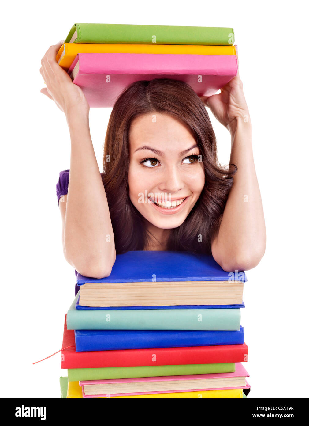 Girl with stack color book Stock Photo - Alamy
