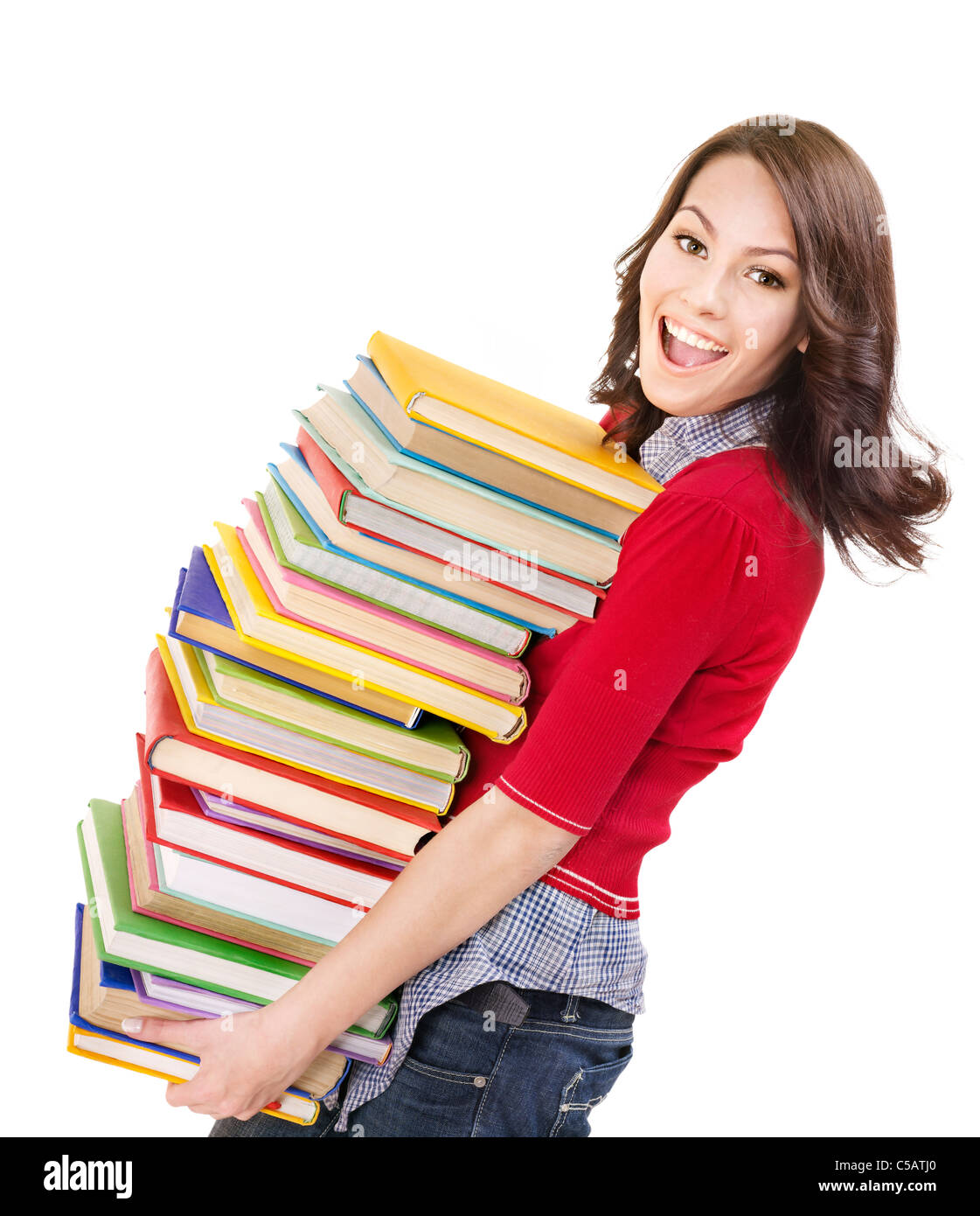 Girl with stack color book Stock Photo - Alamy