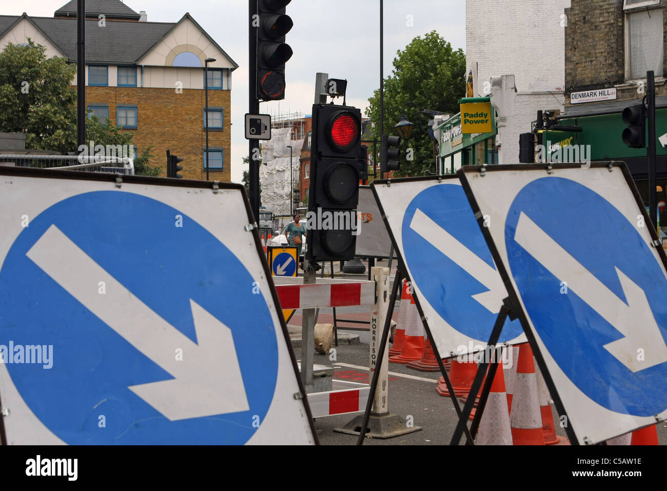 Keep right signs in roadworks in London, England, with a temporary set ...
