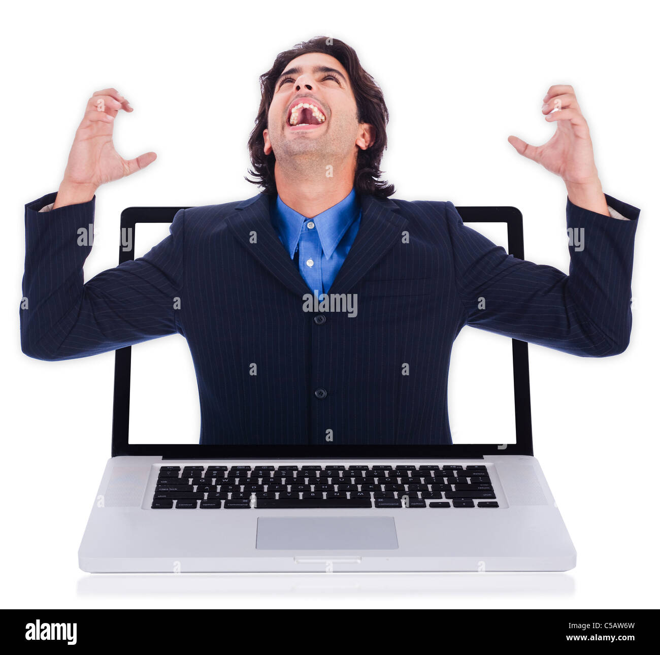 Young happy business man embracing through laptop screen on isolated ...