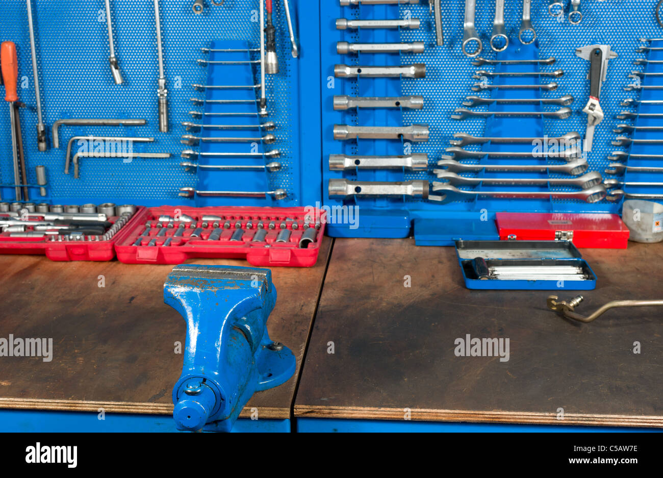 Car garage work bench with well organized tools Stock Photo - Alamy