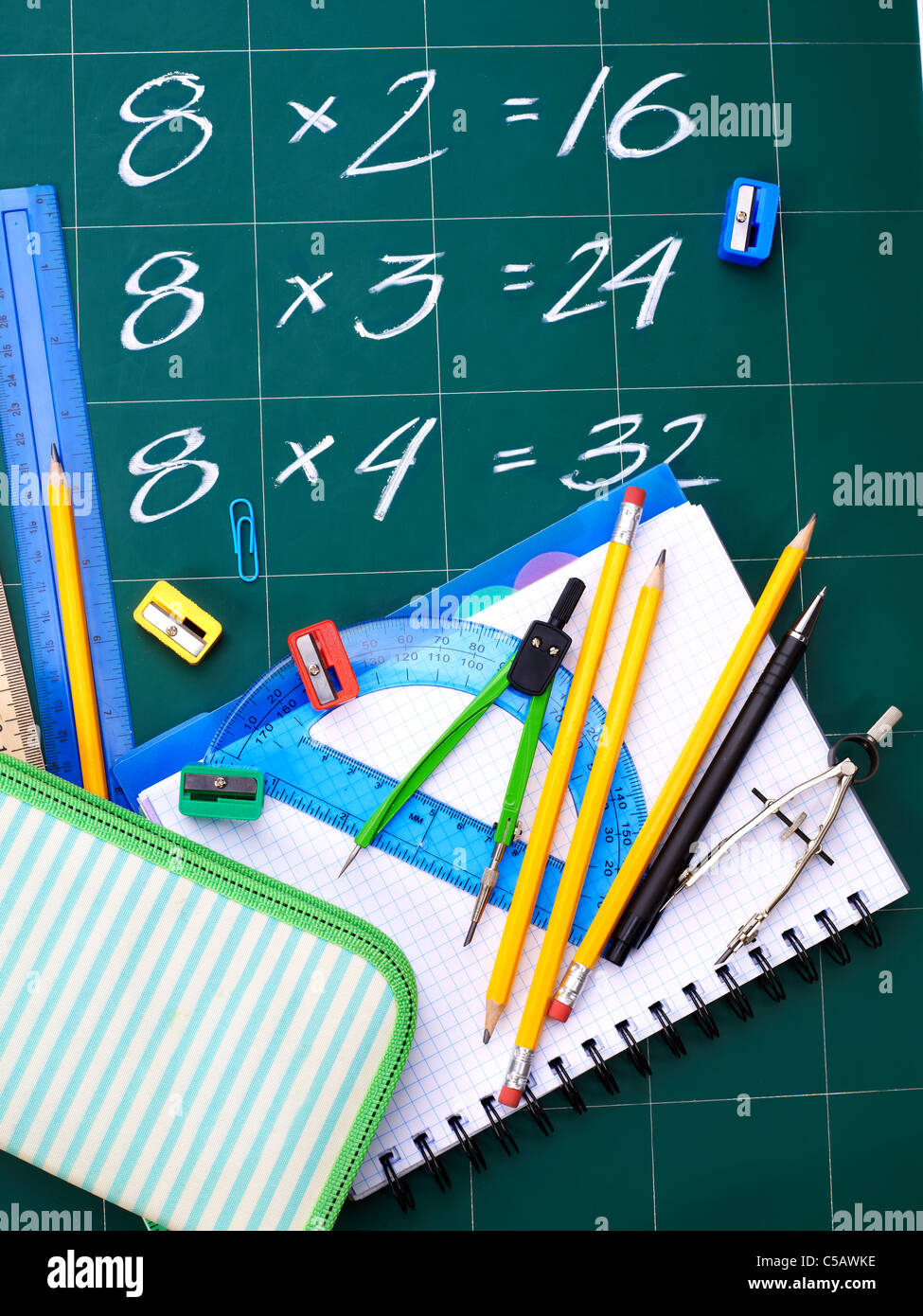 School office supplies. Blackboard Stock Photo - Alamy