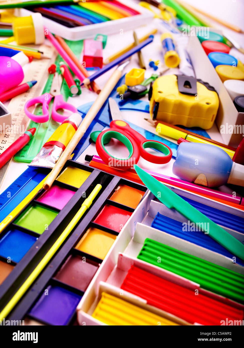 Close up of group art school supplies Stock Photo - Alamy