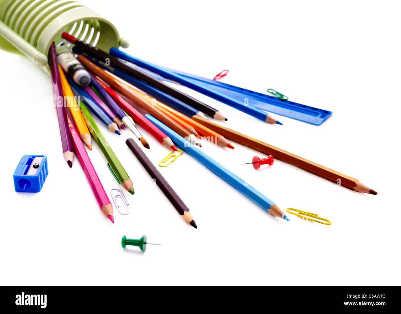 Close up of group art school supplies. Writing utensils Stock Photo - Alamy