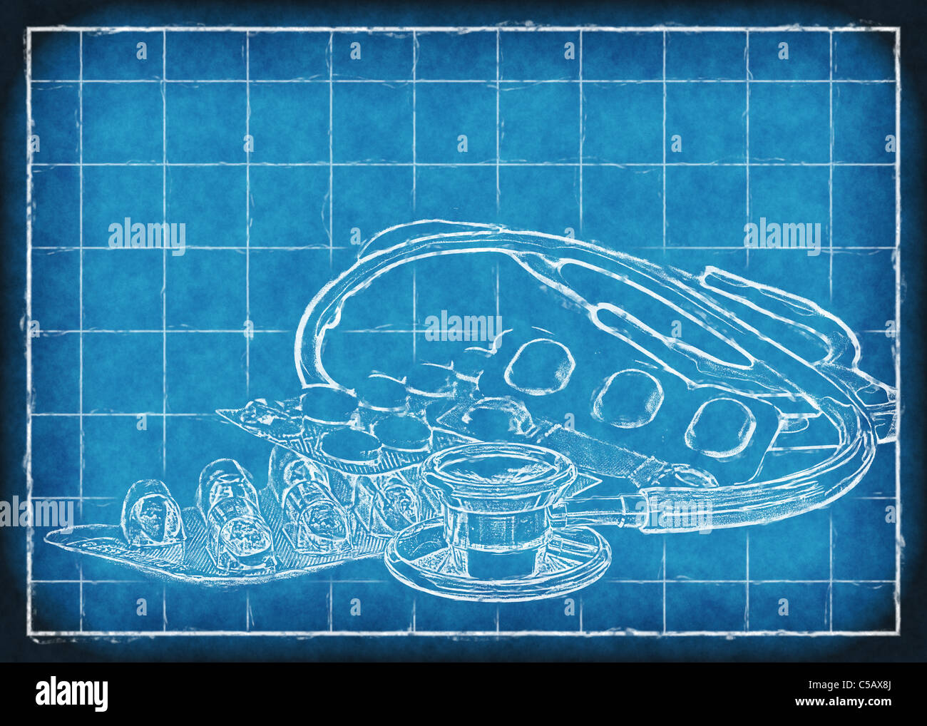 blueprint to healthcare with pills and stethoscope Stock Photo - Alamy