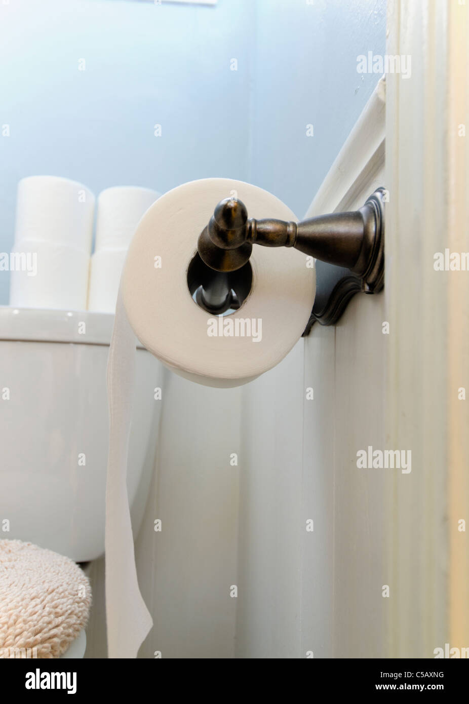 A roll of bathroom tissue with toilet in the background. USA Stock ...