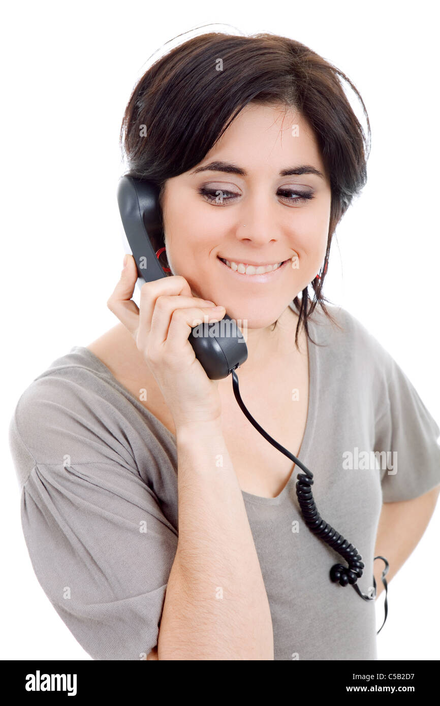 young woman with a phone, isolated on white Stock Photo - Alamy