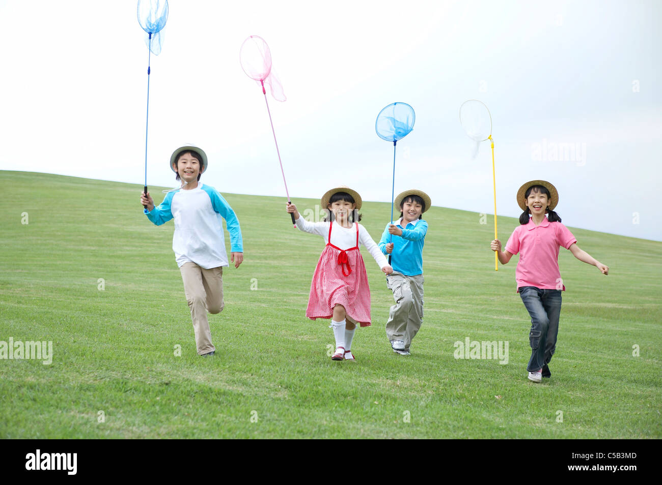 Children running with fishing net on lawn Stock Photo - Alamy