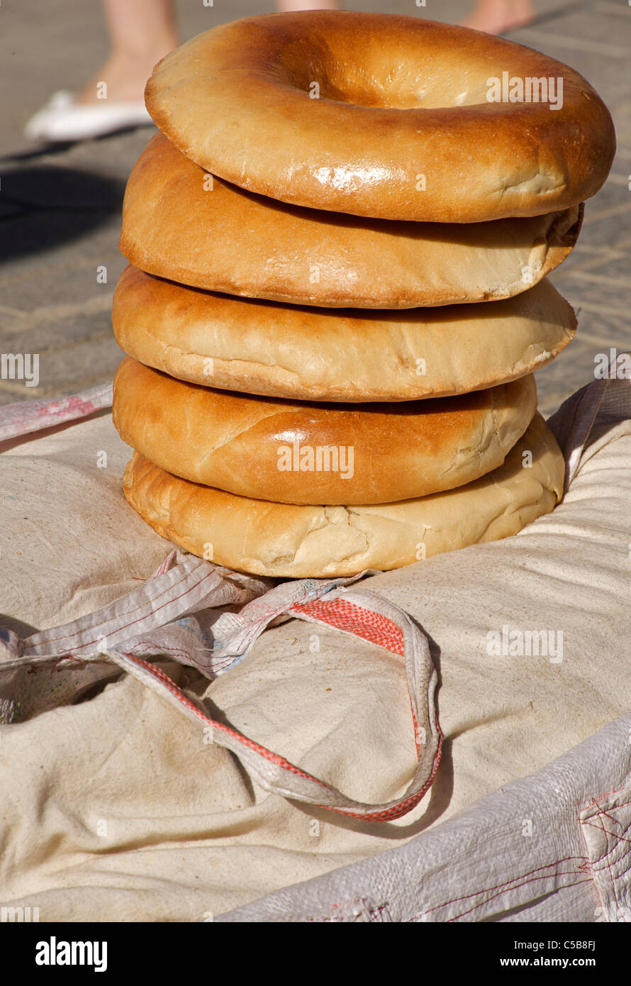 Distinctive Uzbeki bread for sale at market, Samarkand, Uzbekistan ...