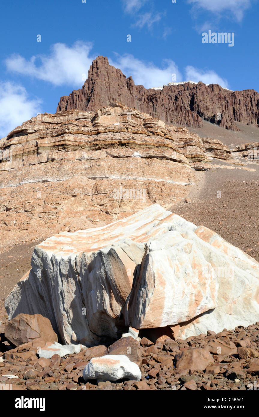 Sandstone boulder in Beacon Valley looking at dolerite rock outcrop ...