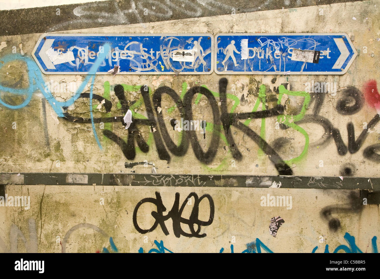 Graffiti on concrete walls and street signs, Norwich, England Stock ...