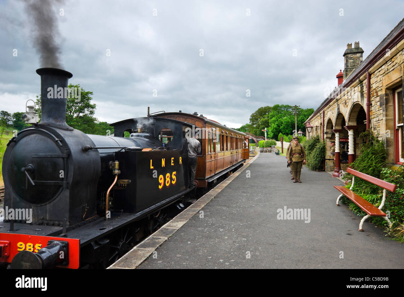 Old steam train on the platform at the railway station, Beamish Open ...