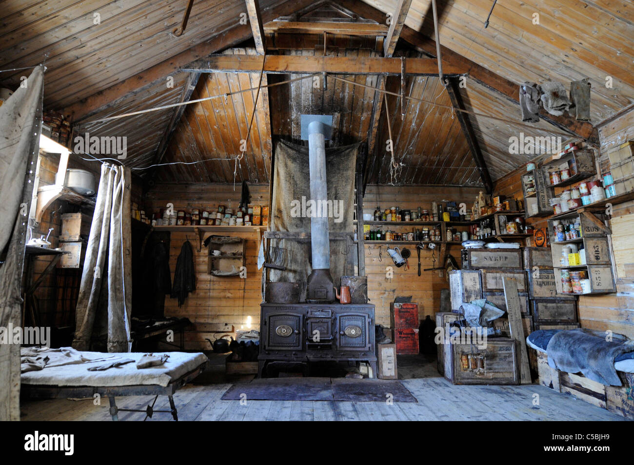 Historic interior at Shackleton's Hut Cape Royds Antarctica Stock Photo ...