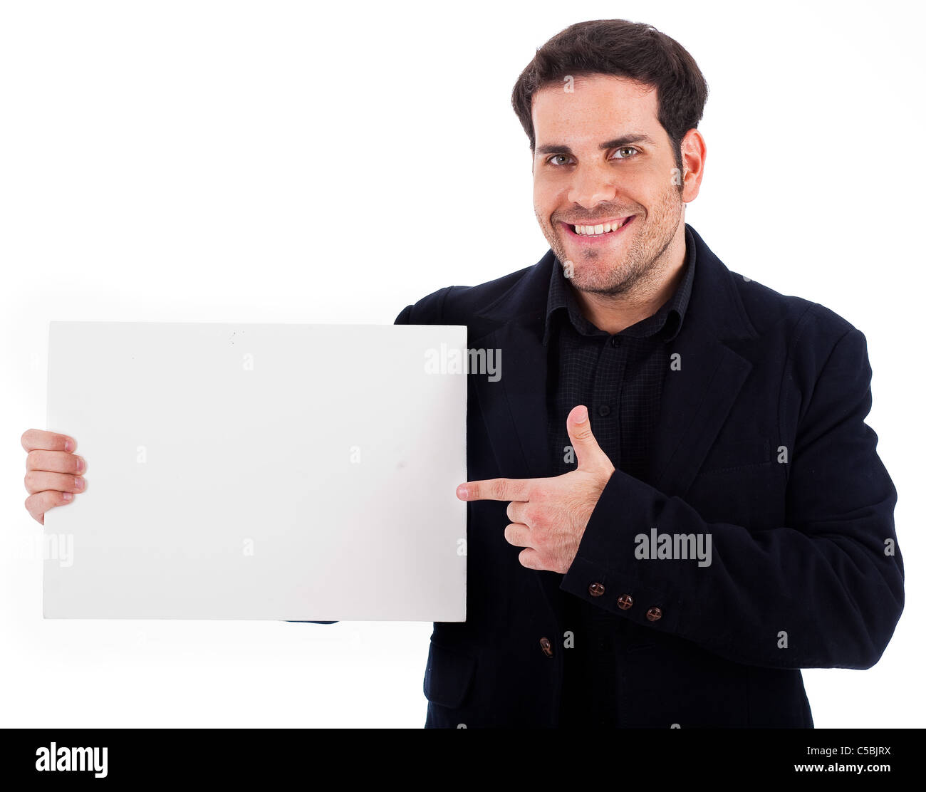 businessman pointing at the plain board on a white background Stock ...