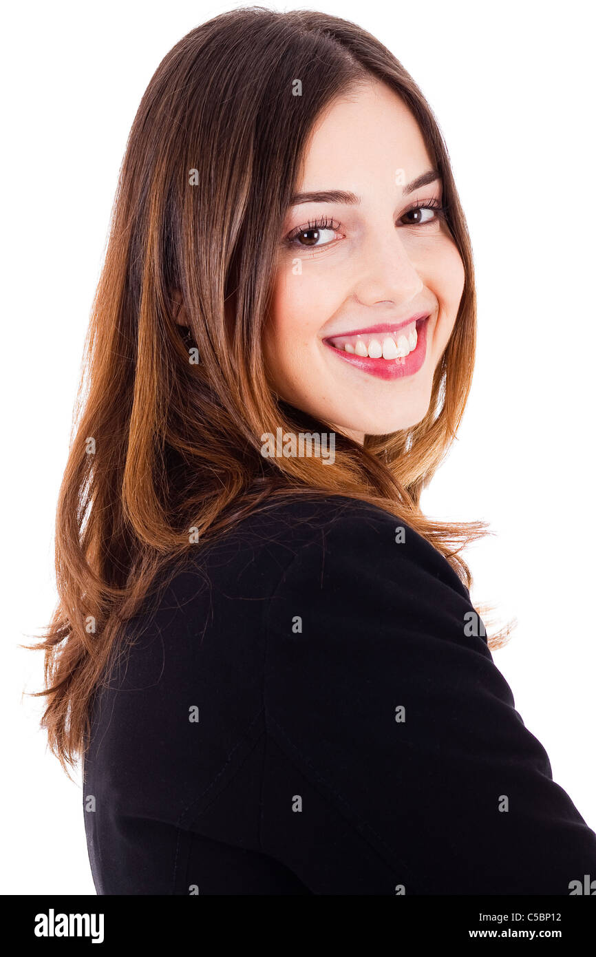 young beautiful model smiling side pose on white background Stock Photo ...