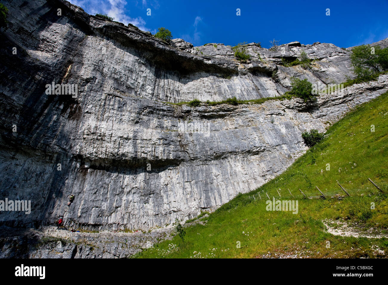 Looking up at the amphitheatre shaped cliffs of Malham Cove, Malhamdale ...