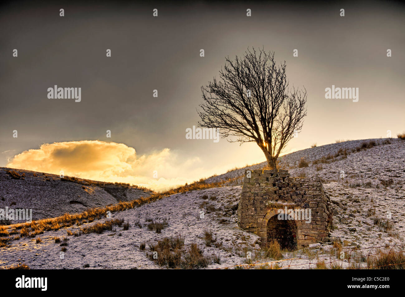 Stone Structure In Snowy Landscape; Yorkshire Dales, England Stock ...