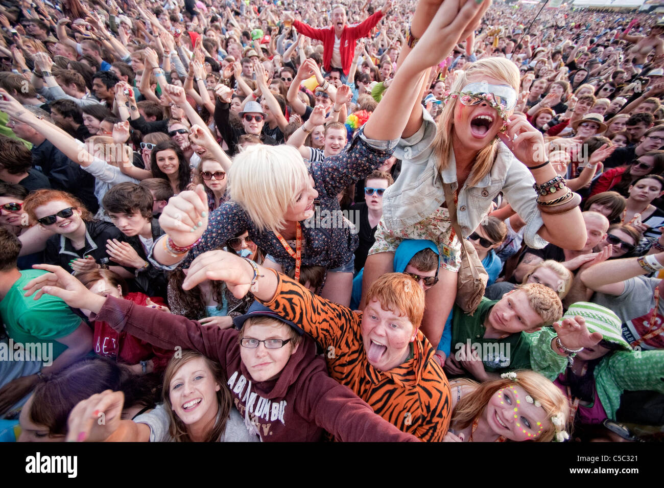General view of fans at the main stage at the T in the park festival ...