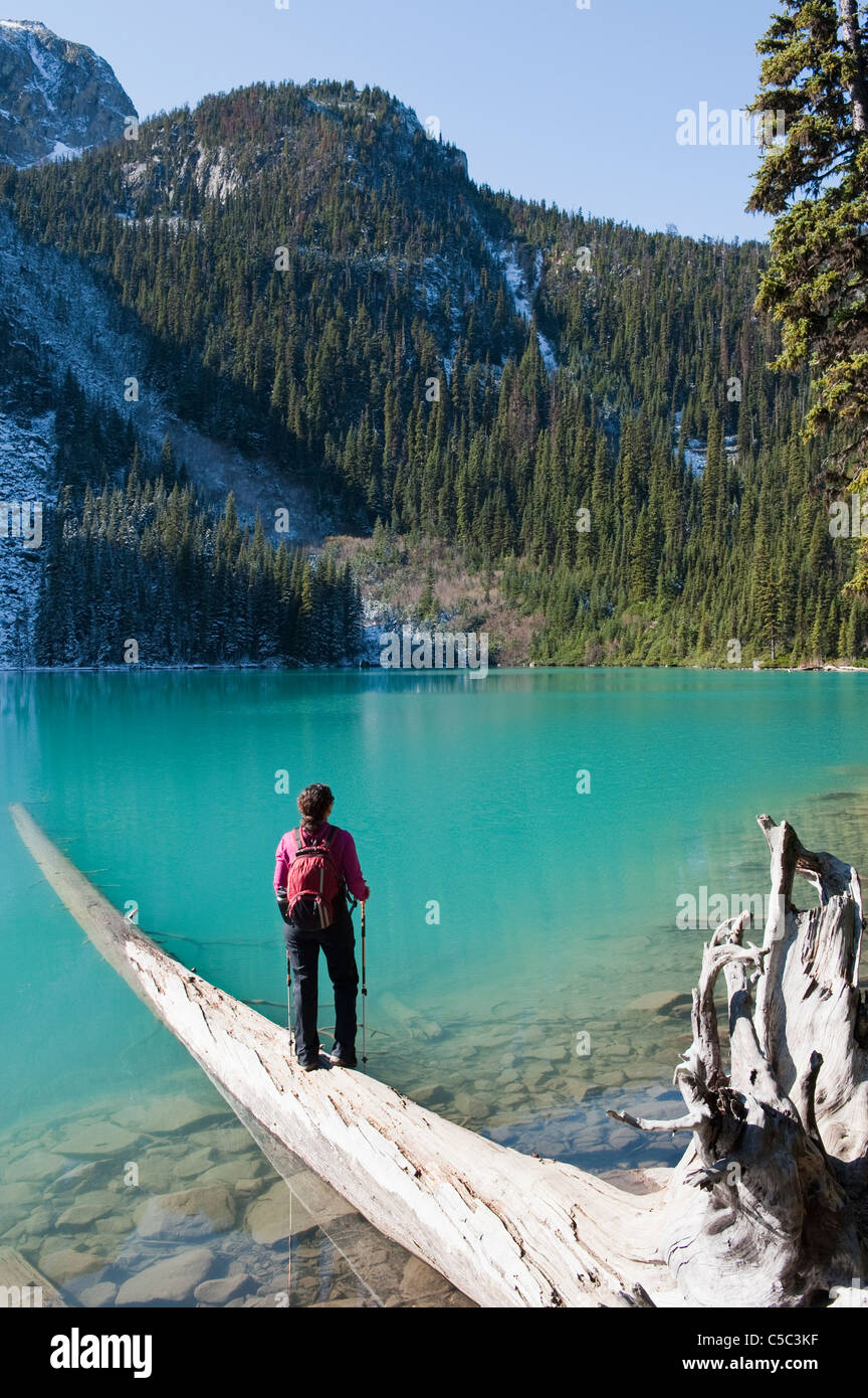 Hispanic hiker standing on log near remote lake Stock Photo - Alamy