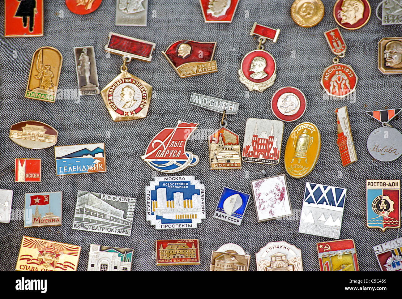 Badges from the Soviet period for sale on a street market stall ...