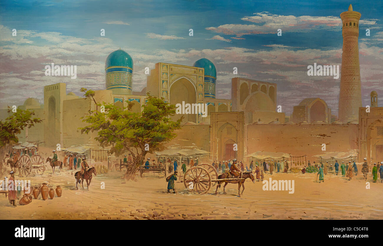 Painting of ancient Bukhara on a wall in a hotel Stock Photo - Alamy