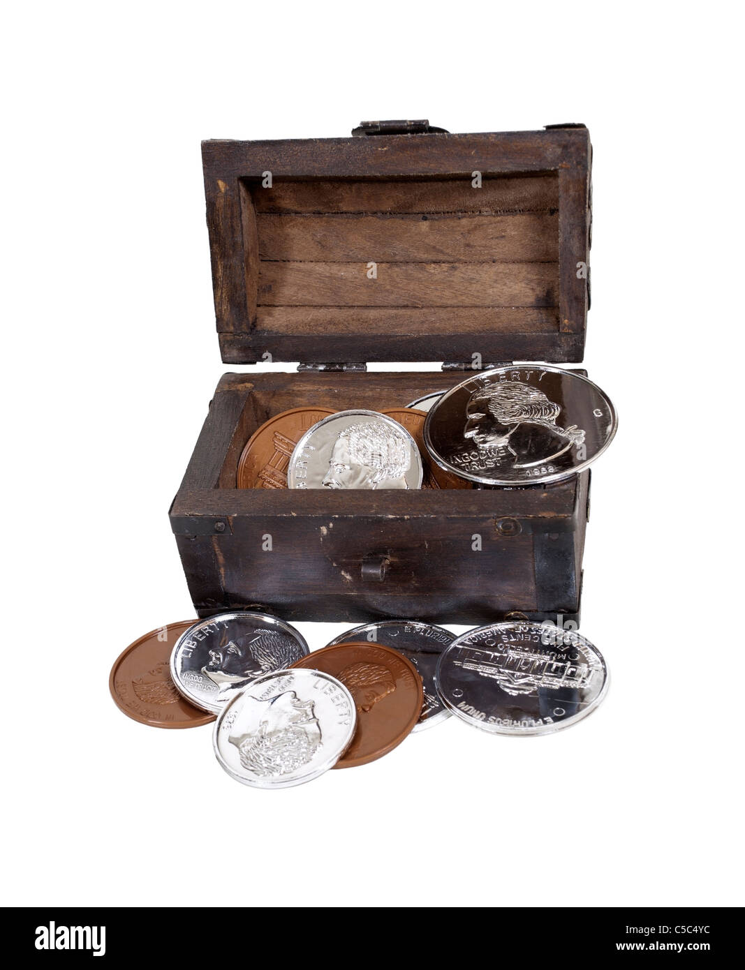 A collection of coins in a trunk representing big savings - path ...