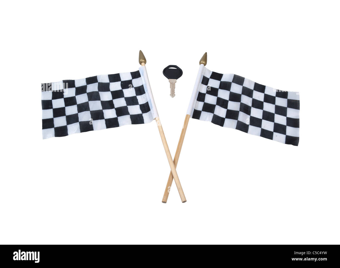 Crossing the finish line shown by an automobile key and checkered flags ...
