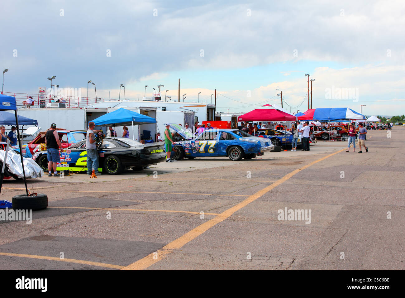 Denver, Colorado - A series of cars being readied for the races in pit ...