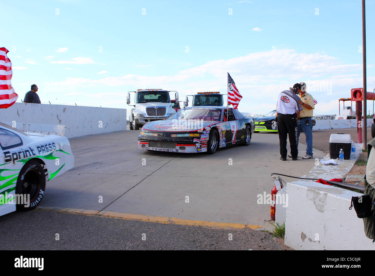 Denver, Colorado - Adam Deines enters the track in his #7 Late Model ...