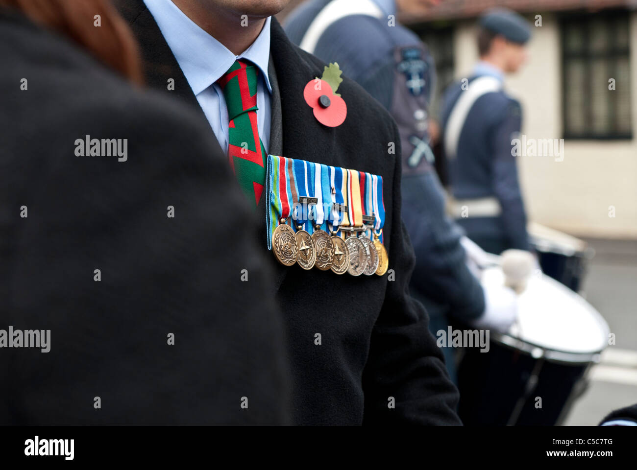 Ex Soldier wearing medals and a Poppy at Remembrance Day parade ...