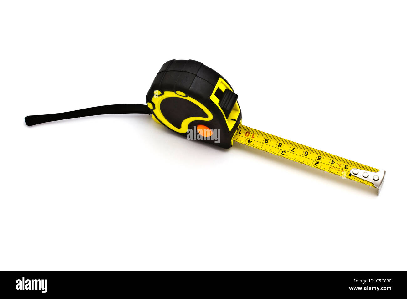Yellow tape measure closeup on white background Stock Photo - Alamy