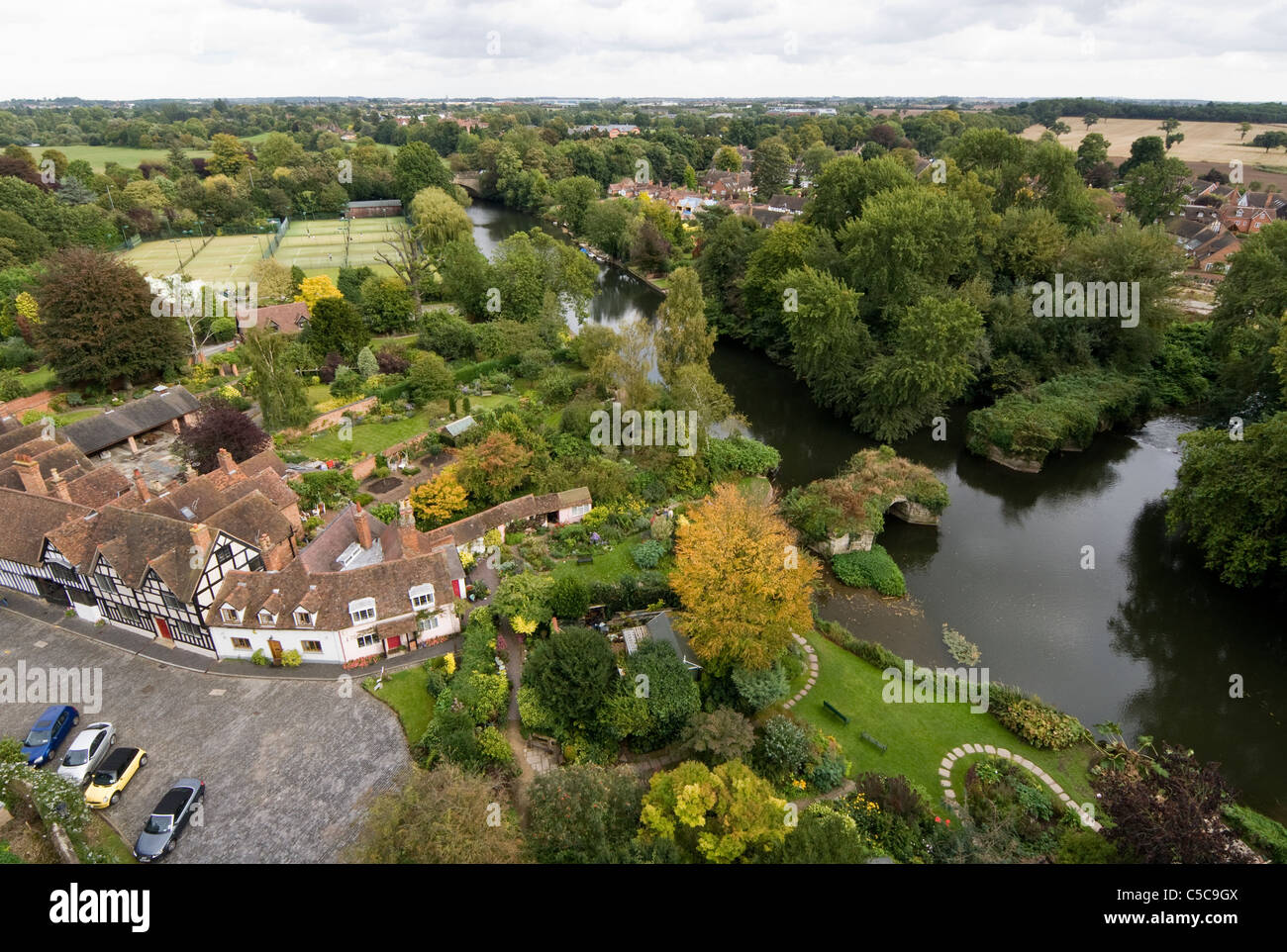 Aerial view of Mill St and the River Avon, from the walls of Warwick ...