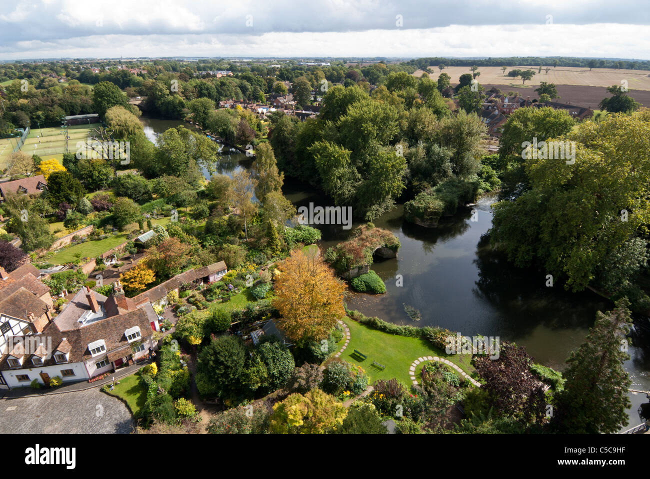 Aerial view of Mill St and the River Avon, from the walls of Warwick ...