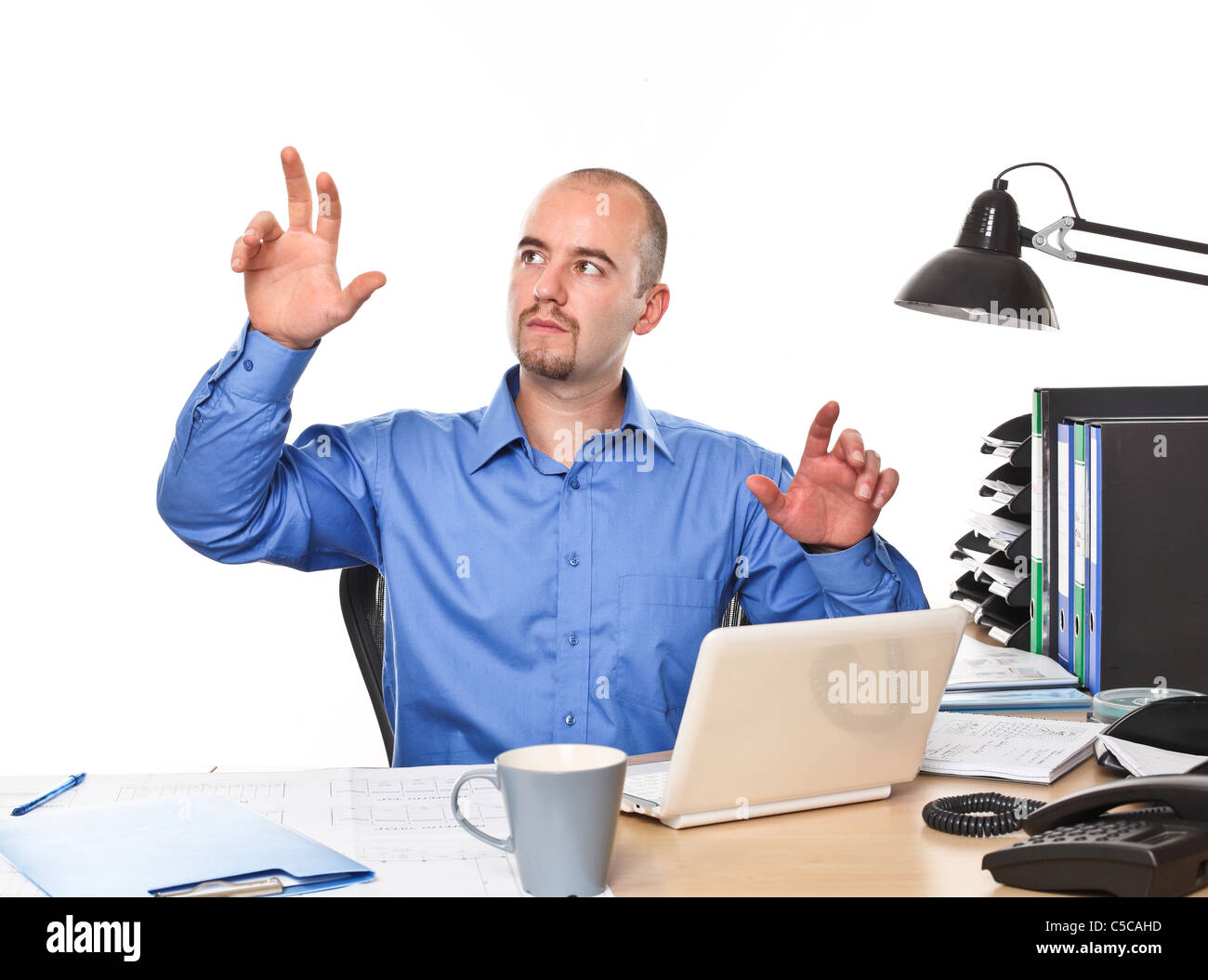 caucasian man in touch position isolated on white background Stock ...